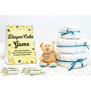 Baby Shower Game Set, Diaper Cake Games(1 Standing Sign + 50 Guessing Cards), Bumble Bee Guess How Many Diapers Party Game, Honey Honeycomb Gender Reveal Party Favor Decor(A05)