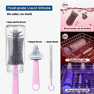 YOTIME Travel Baby Bottle Brush Set, Silicone Bottle Brush with Nipple Cleaner and Stand, Pink