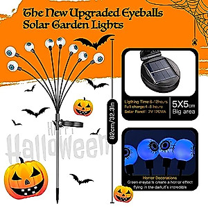 Flumy Outdoor Halloween Decorations, 2-Pack Solar Swaying Garden Lights, Scary Eyeball Solar Landscape Pathway Stake Fairy Lights, 16 LED Waterproof Outdoor Lights for Halloween Party Decor Yard Patio