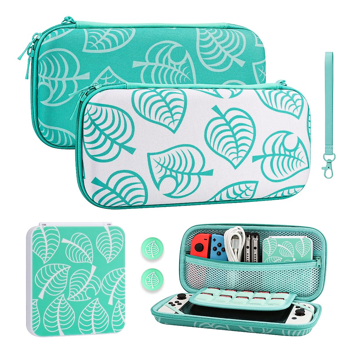 FUNDIARY Green Travel Carrying Case for Nintendo Switch and Switch OLED with Animal Crossing Leaf Design, Shockproof Accessories with Portable Storage Bag, Game Card Case, Handle Strap & 2 Thumb Caps