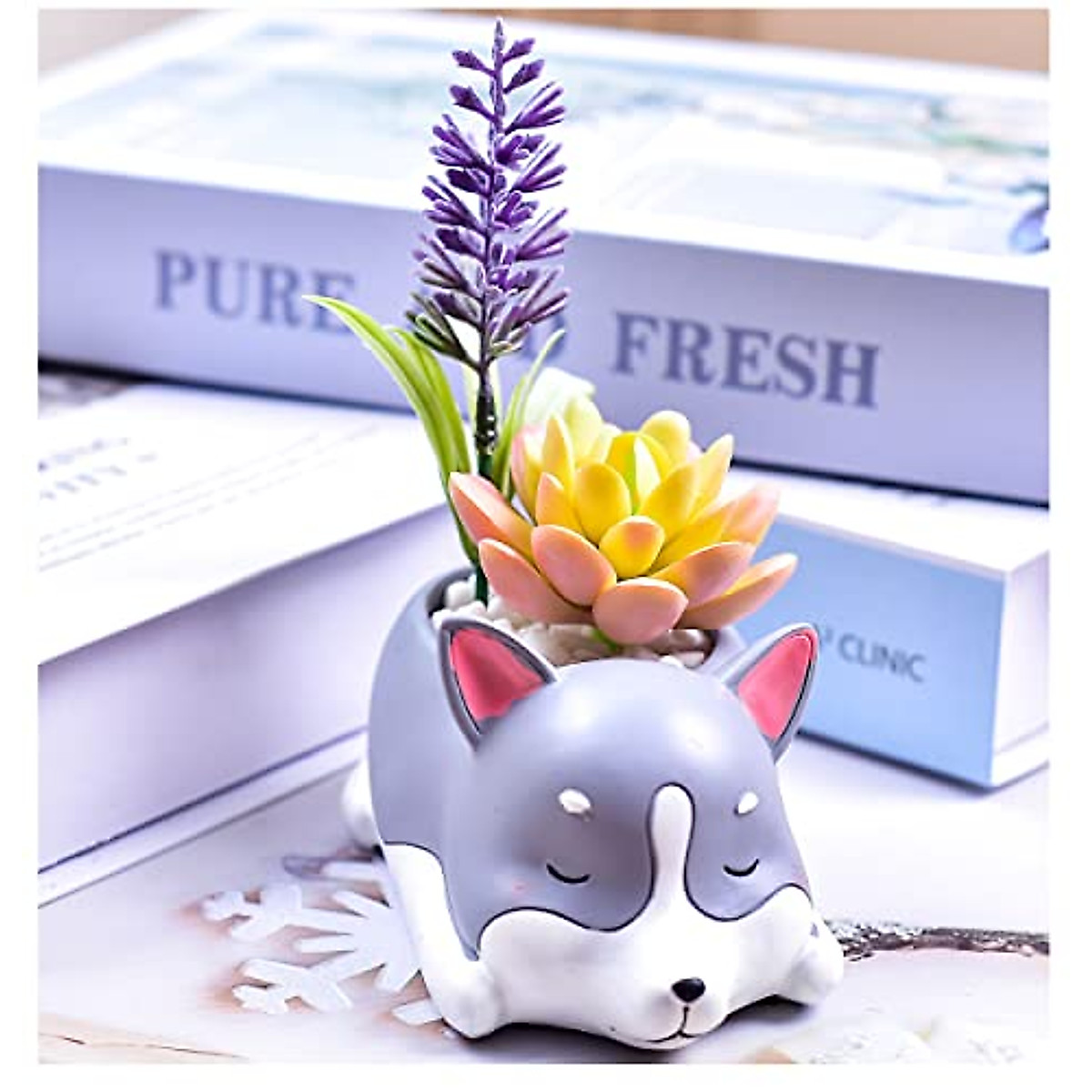 Cute Husky Puppy Flower Pot with Drainer Garden Flower Pot Resin Succulent Potted Bonsai Plant Stand Home Desk Mini Ornaments Balcony Gardening Flower Pot Does Not Contain Plants
