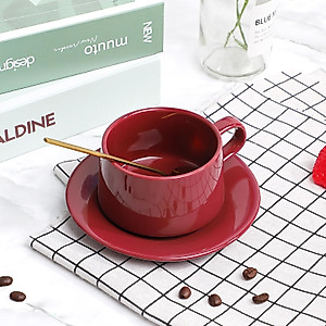 GOOD ALWAYS Coffee Mug with Spoons, Espresso Cups and Saucer for Latte & Cappuccino & Double Espresso, Christmas and Essentials for New Home(Red)