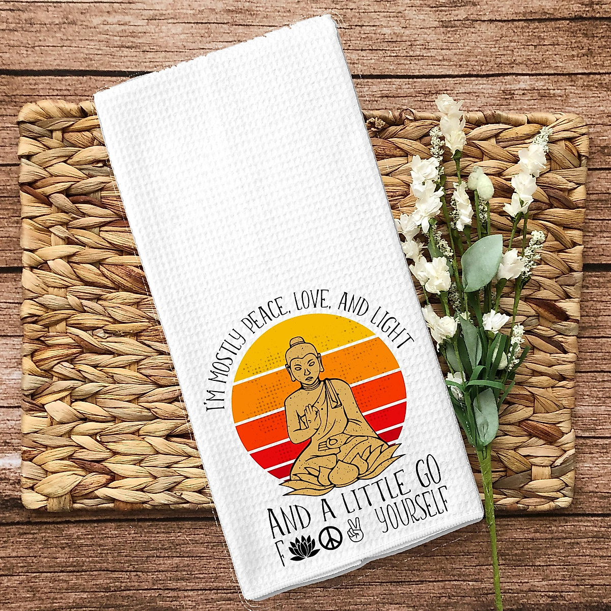 I'm Mostly Peace, Love and Light Adult Funny Retro Yoga Kitchen Tea Bar Towel Gift for Women