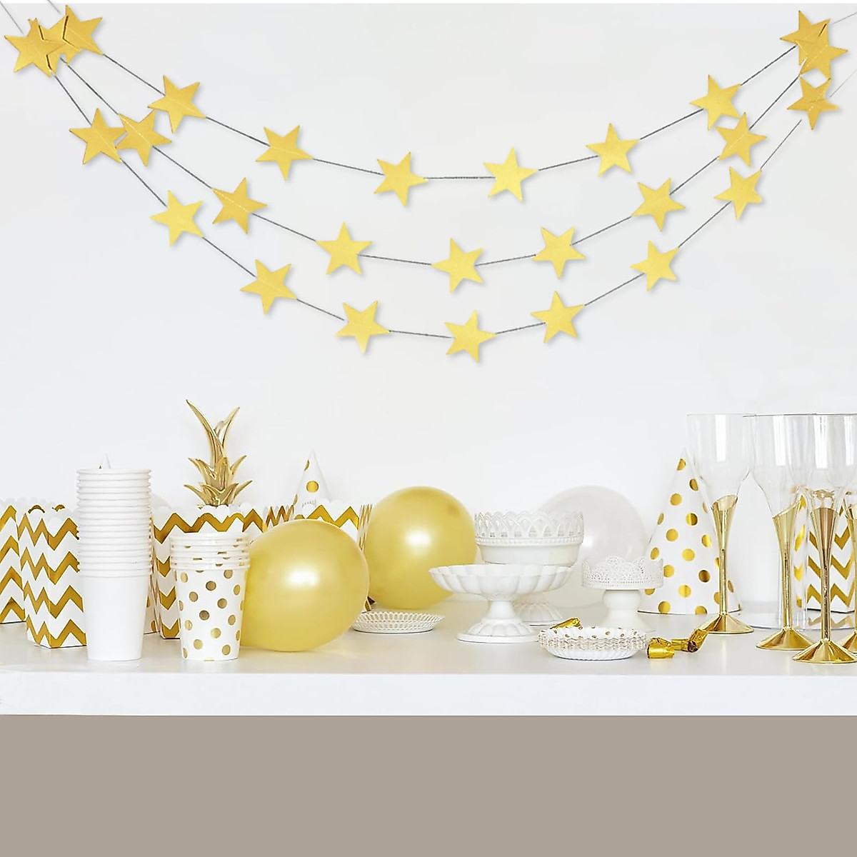 Gold Star Banner, 13Ft Glitter Paper Star Garland Hanging Stars Party Decorations for Birthday Easter Sunday Bridal Shower Baby Shower Wedding Decor