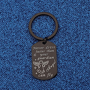 WUSUANED Never Drive Faster Than Your Guardian Angel Can Fly Keychain Bracelet New Driver Gift Sweet 16 Gift (guardian angel keychain black)