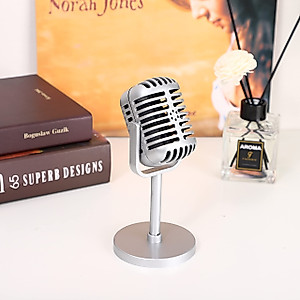 Facmogu Classic Retro Style Microphone Prop, Fake Vintage Microphone Prop Model with Stand, Silver Antique Microphone Decor Microphone Costume Prop for Party Decorations - Silver