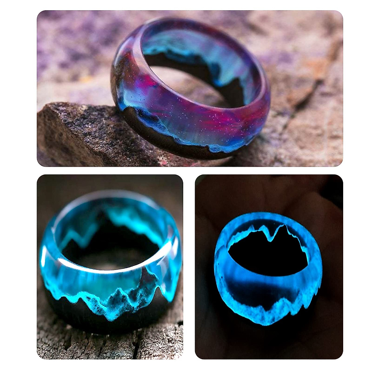 YLTPAJK Wooden Epoxy Ring, Wood Resin Ring, Glow Rings, Luminous Glow Ring Glowing in the Dark, Handmade Wooden Ring with Mountain for Man and Woman (6, purple)