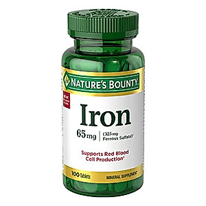 Nature’s Bounty Iron 65mg, 325 mg Ferrous Sulfate, Cellular Energy Support, Promotes Normal Red Blood Cell Production, 100 Tablets