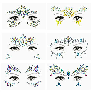6 Pcs Face Jewels Face Gems Face Rave Stickers for Festival Party Makeup Halloween Mermaid Face Crystal Glitter Body Eyes Crystals Sticker Temporary Tattoos Stickers for Women Rhinestone Face Jewels