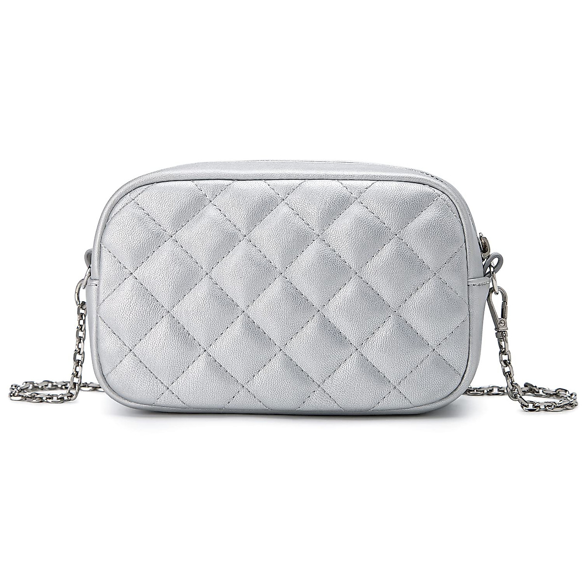 David Jones Trendy Small Cute Silver Bag, Faux Leather Crossover Long Over the Shoulder Womens Purses and Handbags with Chain Strap