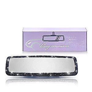 KIWEN Bling Car Rear View Mirror, Car Rear View Mirror with Crystal Diamonds Bling Rhinestones Women Girl Gift, Car Accessories Car Interior Trim (Black Rhinestone)
