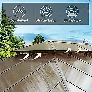 Domi 12' X 16' Hardtop Gazebo, Permanent Outdoor Gazebo with Polycarbonate Double Roof, Aluminum Gazebo Pavilion with Curtain and Net for Garden, Patio, Lawns, Deck, Backyard, Wood Looking