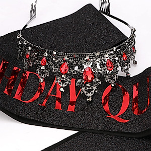 CAVETEE Red Black Birthday Crown and Sash for Women Sash &amp; Rhinestone Tiara Set Red and Black Party Decorations Birthday Queen Crowns Tiaras for Women