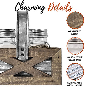 Autumn Alley Farmhouse Napkin Holder and Adorable Farmhouse Salt and Pepper Shakers Set With Wood Holder - Barn Door Motif, Galvanized Metal - Upright Rustic Napkin Holder Rustic Kitchen Décor (Brown)