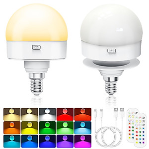 Cadrim Rechargeable Light Bulb, Battery Operated Emergency Lamp with Remote LED Bulbs Detachable Charging Wall Sconce 3 Color, RGB, E12, Timer, Dimmer, for Non-Hardwired, Power Outage, 2 Pack