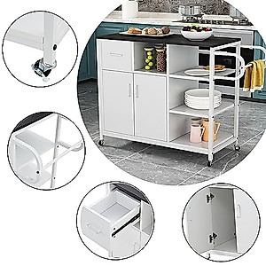 ZLLQUWR Kitchen Island Cart on Wheels with Storage Cabinet Drawers Rolling Kitchen Island with Lockable Casters Cart Handle Open Shelves Towel Rack Microwave Stand for Dining Room Living Room White