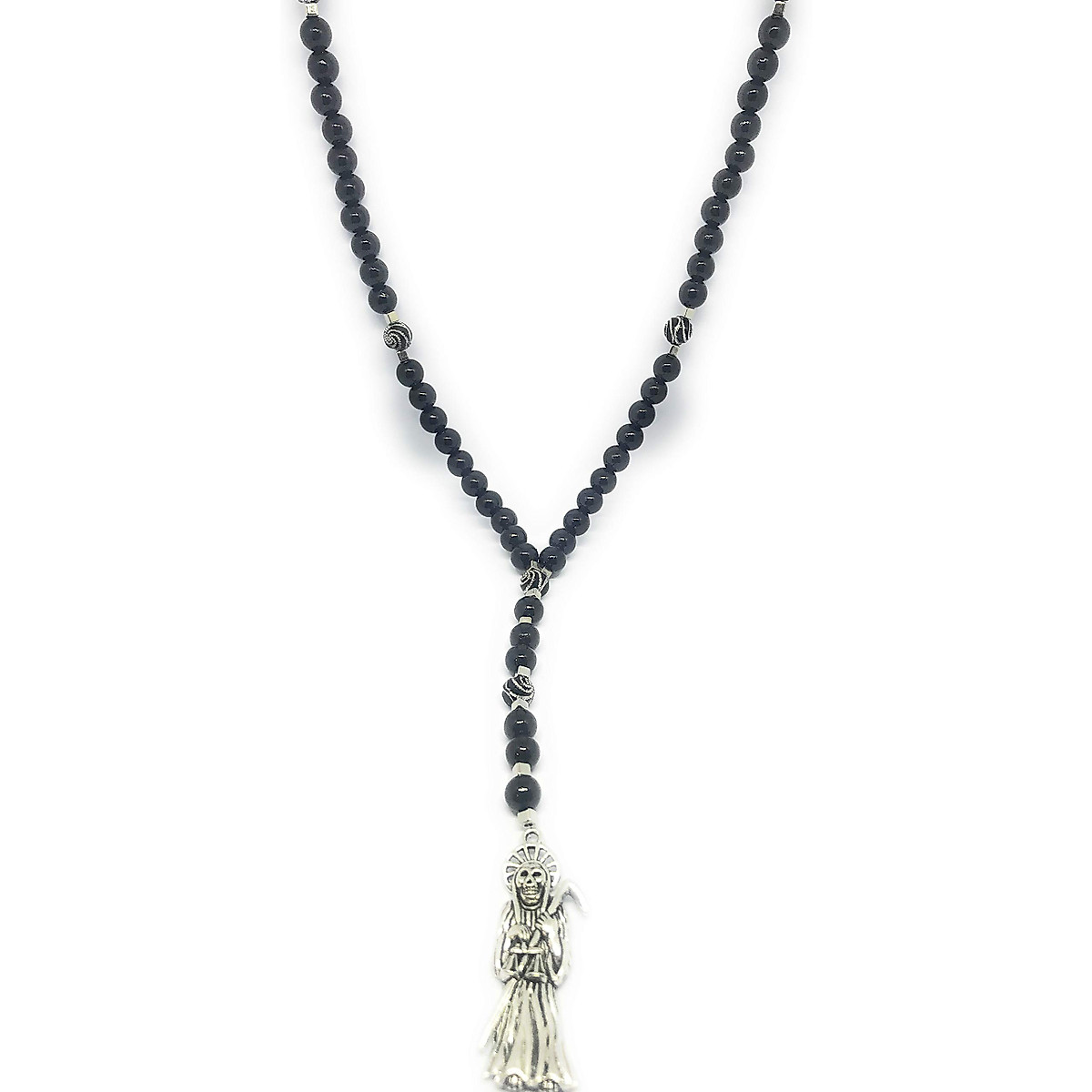 Acrylic Holy death's necklace, rosary style. Collar de la Santa Muerte de acrilico estilo rosario. Grim reaper Y style necklace.