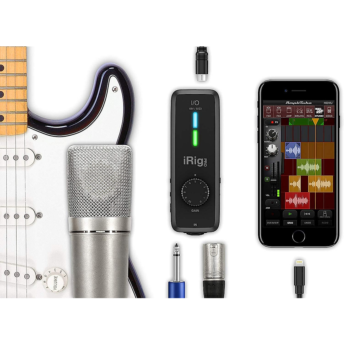 IK Multimedia iRig Pro I/O audio interface for iPhone, iPad, Mac, iOS and PC with USB-C, Lightning and USB cables, 24-bit, 96 kHz recording and guitar, bass and XLR mic inputs