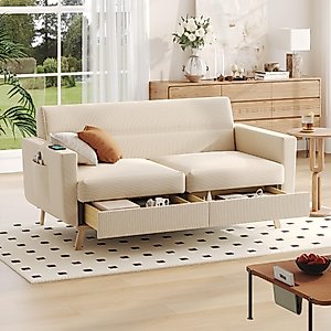 Fameill 65” Loveseat Sofa with 2 Drawers, USB & Type-C Charging Port, Comfy Corduroy Living Room Sofa with Removable Covers with Deep Cushion, Upholstered Small Sofa Fits Bedroom, Office, Beige