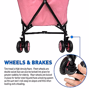 EasyGo Rolling Cart Folding Grocery Shopping Cart Laundry Bag with Wheels, Removable Canvas, 120lb Capacity, Basic Pink