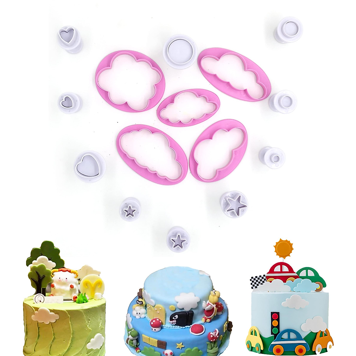 Gobaker 15pcs Fondant Cake Cookie Plunger Cutter Cloud Heart Star Round Shape Sugarcraft Mold Polymer Clay Decorating DIY Tools