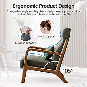INZOY Mid Century Modern Accent Chair with High Back, Upholstered Living Room Chairs with Waist Cushion, Wood Frame Reading Armchair for Bedroom Sunroom, Green