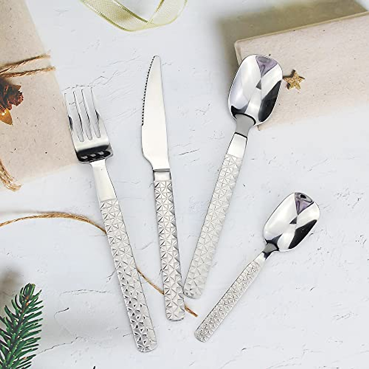 Silverware Set Flatware Cutlery Geometric Hammered Stainless Steel Kitchen Utensils Tableware，Mirror Finished，Service with Steak Knives Dinner Fork Knife Spoon