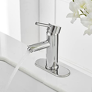 Greenspring Bathroom Sink Faucet Chrome Single Handle One Hole Commercial Deck Mount Lavatory Modern Faucet with Cover Plate and Supply Line
