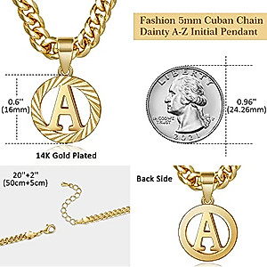 KissYan Gold Initial Necklace,14K Gold Plated Round Letter Pendant Hollow Capital Monogram 5mm Cuban Chain Necklace Alhpabets from A-Z Dainty Jewelry for Women Men Girls(Letter M)