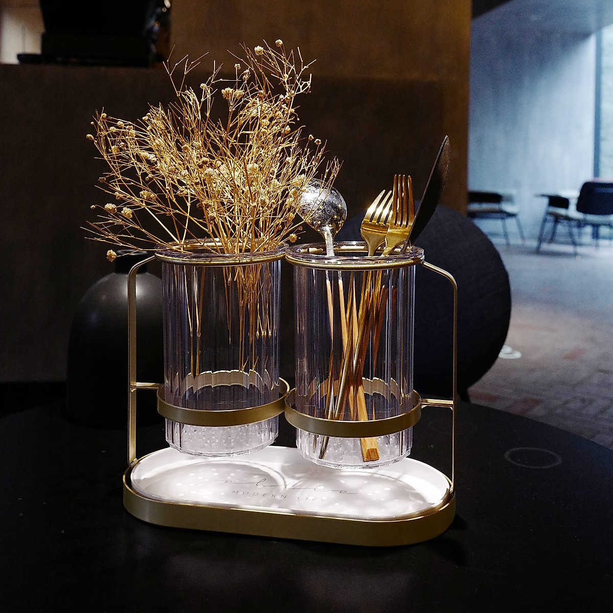 Kitchen Utensil Caddy, Plastic Draining Chopstick Cage Silverware Caddy for Party, Utensil Holder Flatware Caddy Cutlery Storage Organizer for Kitchen Decor and Countertop, Gold & White