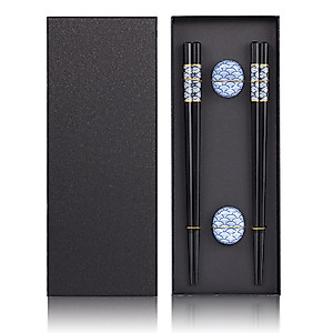 TIICOO Chopsticks Reusable Japanese Wave Pattern Style Lightweight 2 Pairs Wooden Chopsticks + 2 Ceramic Chopsticks Holder Gift Set, 8.85 inches/22.5cm, Dishwasher Safe