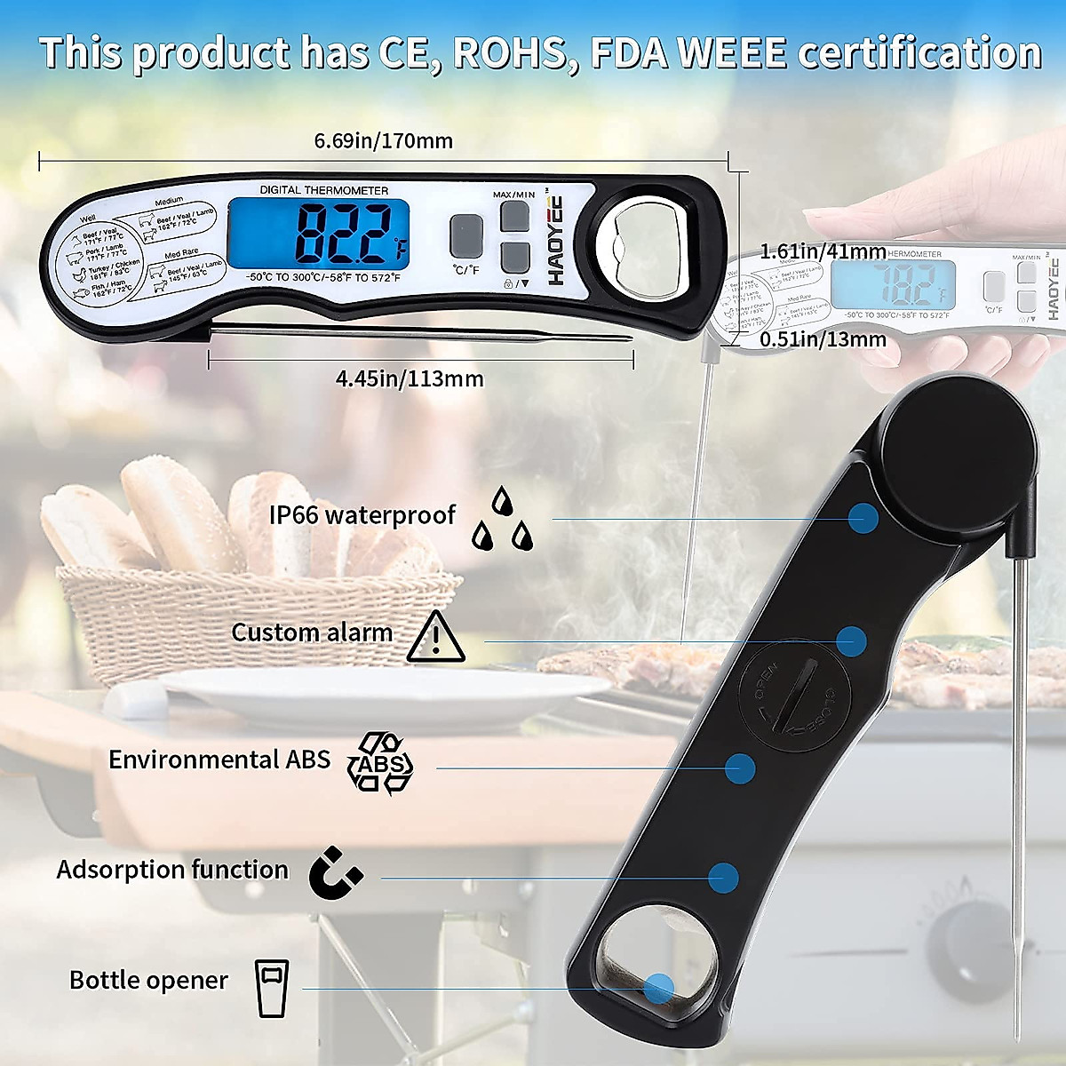 HAOYEE Digital Meat Thermometer, Premium Multifunctional Food Thermometer with LCD Display, Long Probe and Magnetic, Suitable for Home and Kitchen Barbecue Edible Oil Frying, Baking, etc.