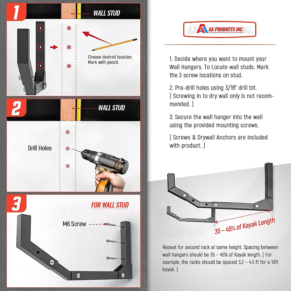 AA Products Inc. Kayak Wall Mount Storage Rack Storage Hanger Foldable Hooks Hanging Wall Frame for Kayaks, Paddleboard and Canoe, Set of 2