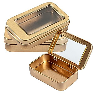 Restaurantware RW Base 4.5 Ounce Rectangular Tin Containers 10 Durable Tin Boxes With Lids - Clear Window Lids Rounded Edges Gold Tin Storage Containers Customizable Fits Mints Or Pills