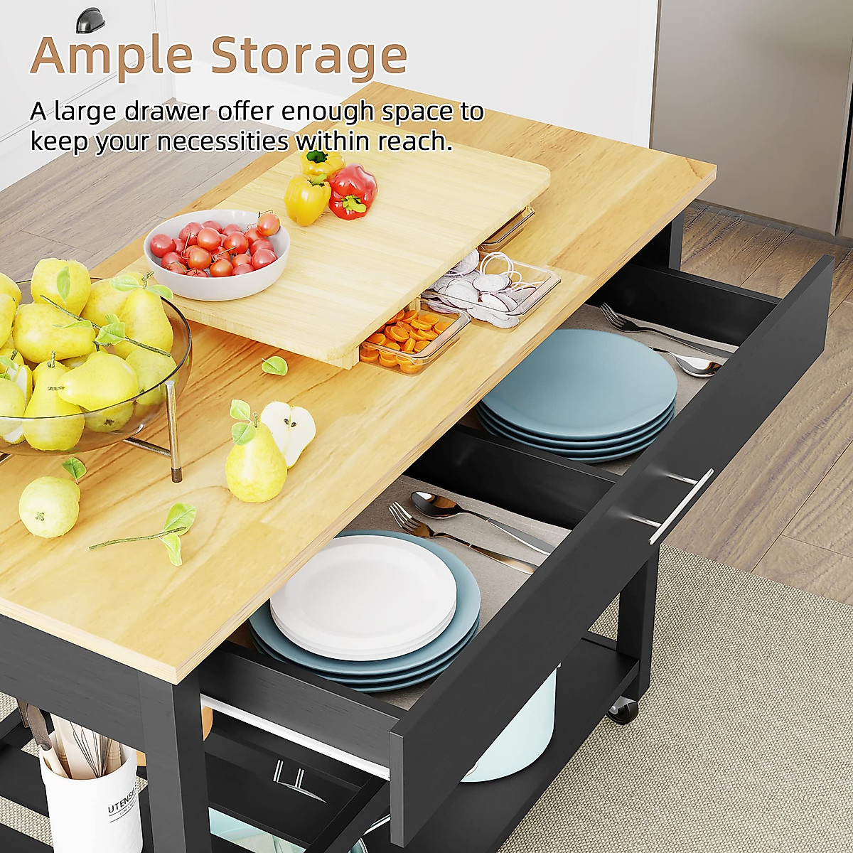 Shintenchi Kitchen Island Cart with Storage,Rolling Kitchen Island Side Table on Wheels with Large Worktop,Storage Cabinet,Towel Rack,Drawers and Open Shelves for Kitchen,Dinning Room,Black