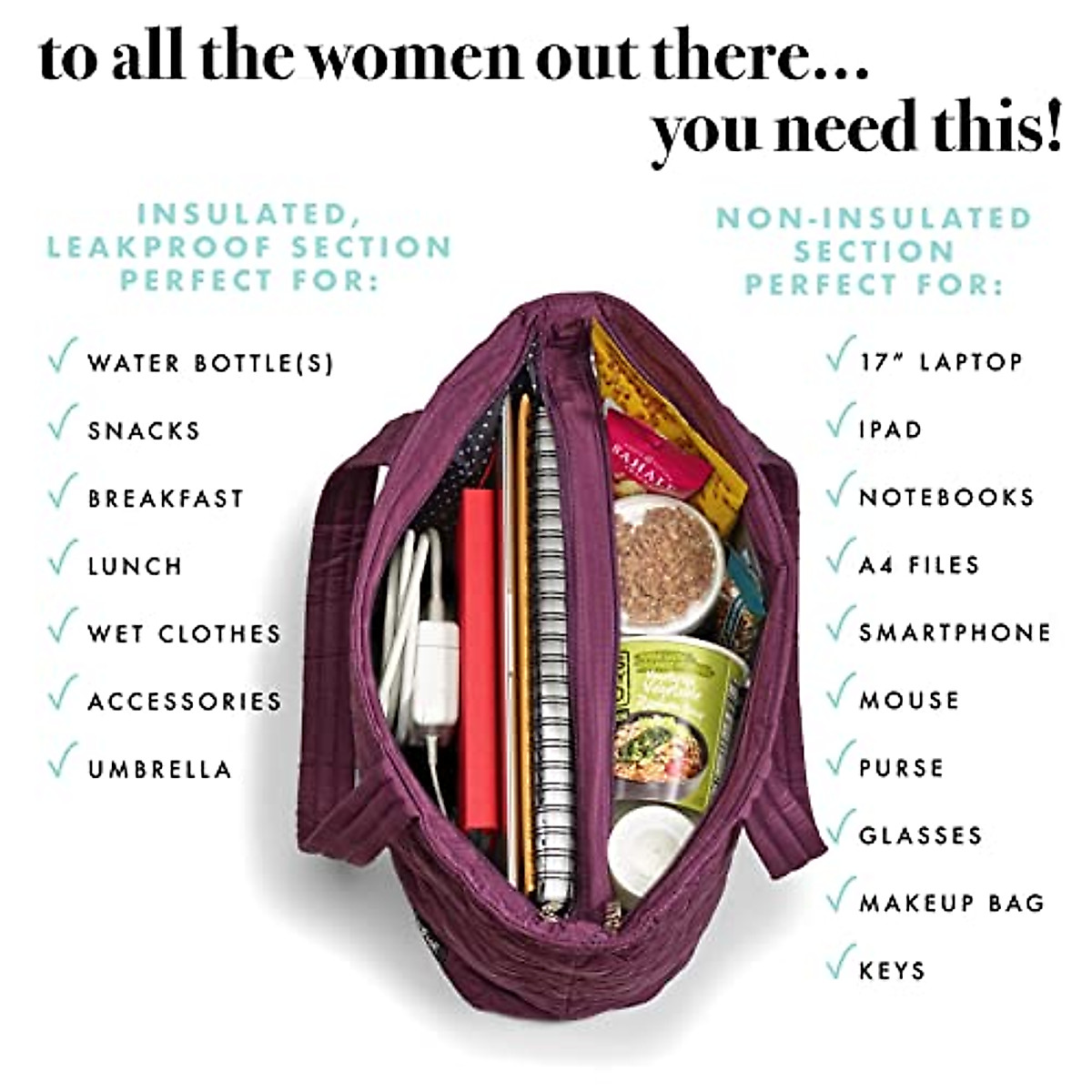 Foundry by Fit + Fresh, All The Things Tote Bag, Luggage, Travel Duffle Bag & Metro Tote, 2-In-1 Laptop Bag for Women, Dual-Compartment Tote Bag with 15" Laptop Section