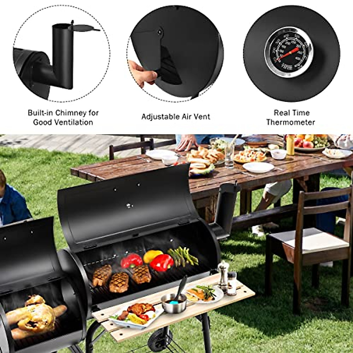 LIVIZA 24.5 Inch Charcoal Grill, Outdoor Camping BBQ Grill, BBQ Grill Set Attached Steel Firebox, Barbecue Pit for Outdoor Garden Park Patio and Backyard Cooking