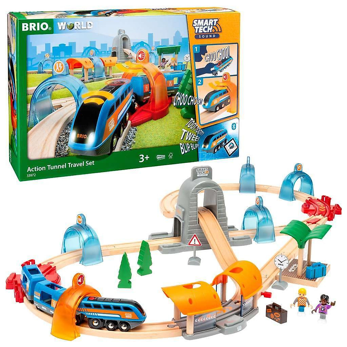 BRIO 33972 Smart Tech Sound Action Tunnel Travel Set | Wooden Toy Train Set for Kids Age 3 and Up