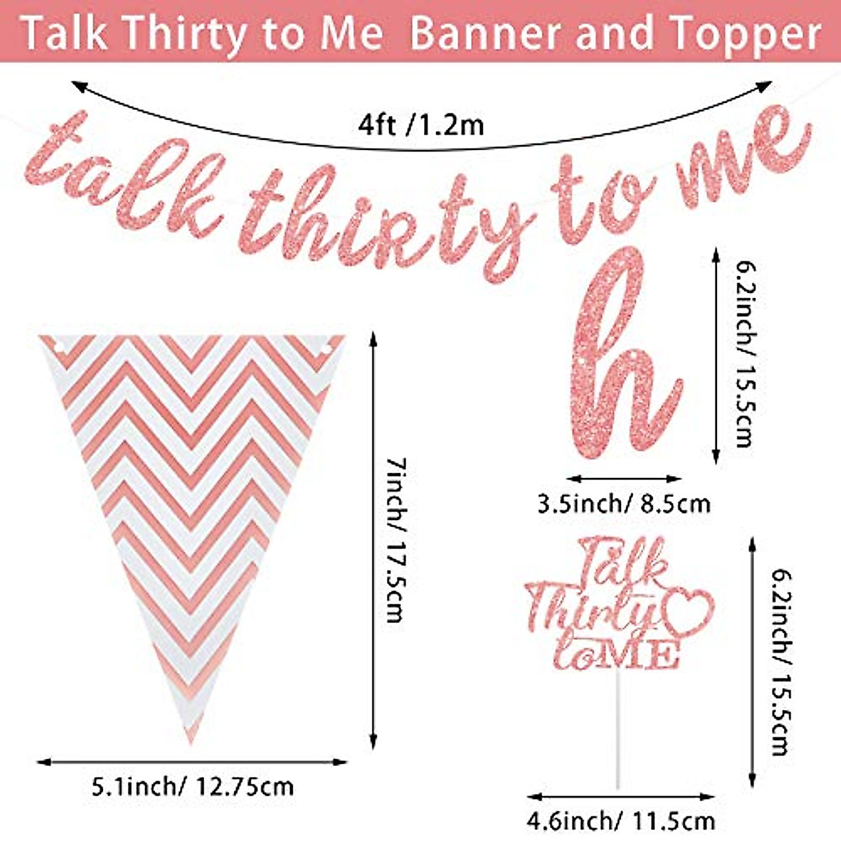 Talk Thirty to Me Banner Happy 30th Birthday Anniversary Banner and Cake Topper Triangle Flag Banner for Men Women 30th Birthday Party, Pre-Strung (Pink)