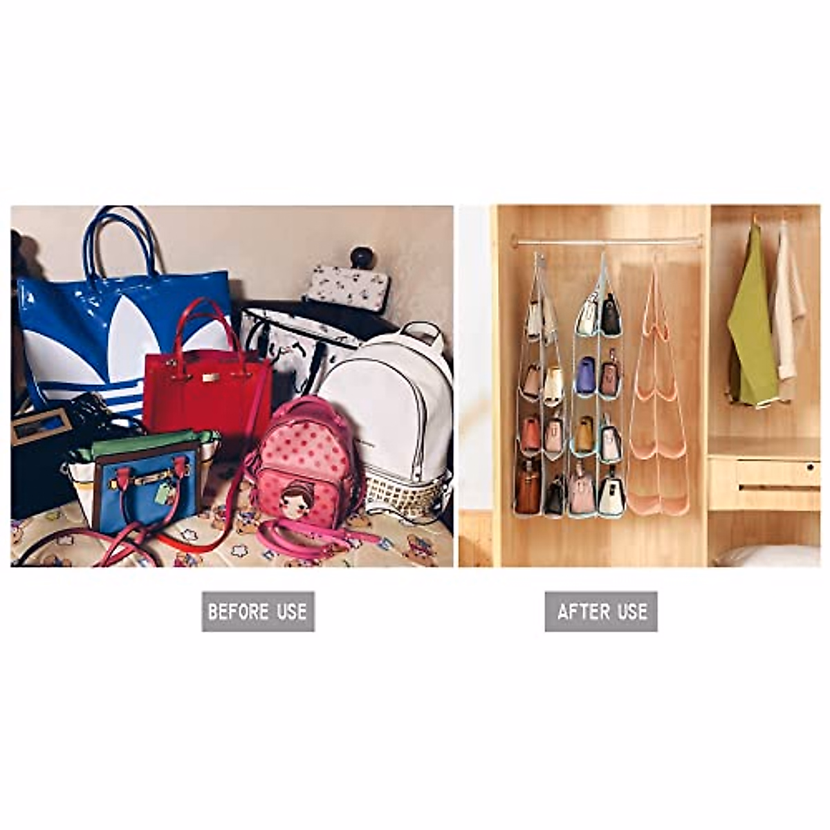 AARAINBOW 2 Packs Hanging Handbag Purse Organizer, Purse Bag Organizer Storage Hanging Bag Organizer for Closet Rack for Purses 8 Pockets Wardrobe Closet Space Saving, 41L*13.5W (B, 2 Gray)