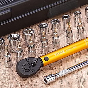 YIYEIE 1/4 Inch Drive Bike Torque Wrench, 1-25 Nm (10-222.5 in.lb), 27 PCS Click Bicycle Torque Wrench with Bit Sockets, 0.1 Nm Micro, 72-Tooth Ratchet, 3/8 Adapter, for MTB, E-Bike, Motorcycle