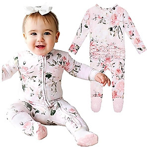 Posh Peanut Vintage Pink Rose Rompers, Newborn Girls One-Piece Outfit, Long Sleeve Footie Pajamas with Zipper, Spring, Fall