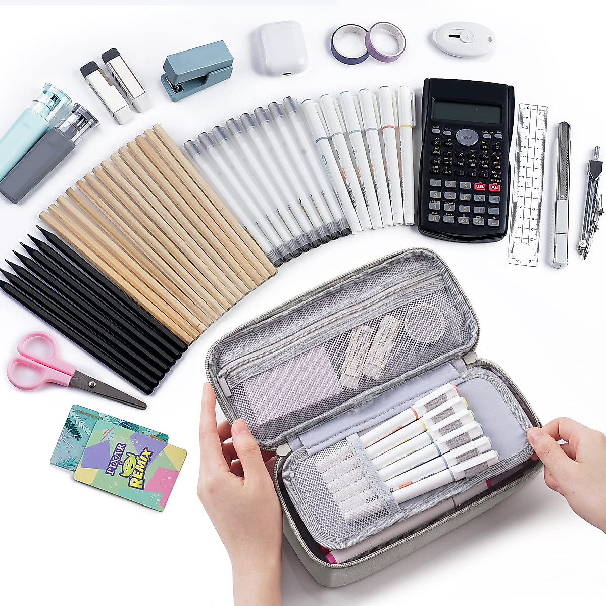 WEMATE Large Pencil Case Aesthetic,Big Capacity Canvas Pencil Pouch with Zipper, Pencil Case for Women & Men, Marker Pen Case,Portable Stationery Pencil Bag for Office Light Grey