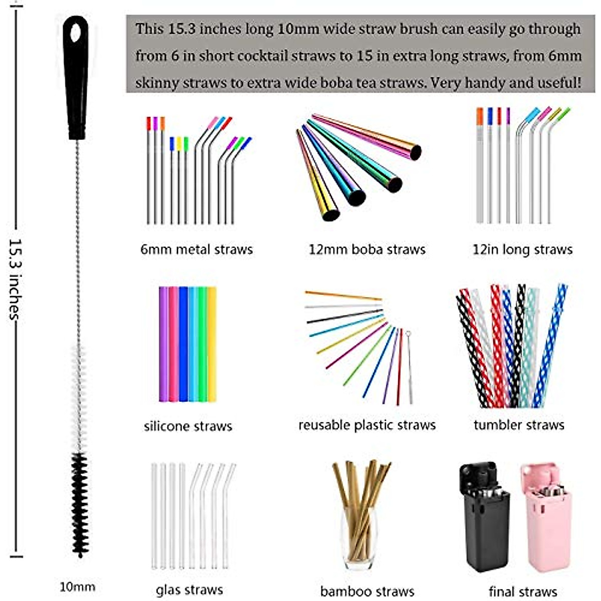 ALINK 8-Pack Bottle Cleaning Brush Set - Long Handle Black Bottle Cleaner for Washing Narrow Wine/Beer Bottles/Thermos/Flask Tumbler/Sport Well/Kettle/Lid Brush, Straw Brush