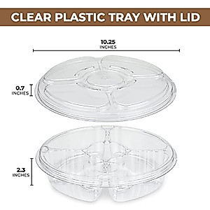 [8 Pack] 10 Inch Round Plastic Appetizer Tray with Lid - 5 Compartment Container, Food Serving Dip Platter, Disposable Clear PET Storage, Kids Snack, Veggie Fruit Travel Organizer for Party and Buffet
