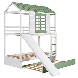 House Bunk Beds with Slide and Trundle Twin Over Twin Bunk Bed Wood Fun Playhouse Bunked Frame for Kids Girls Boys Teens, White with Green