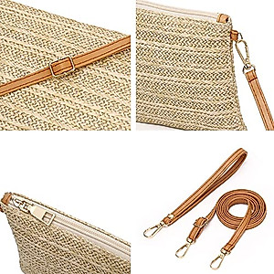 Straw Clutch Purse for Women, Summer Beach Straw Purse Cute Zipper Wristlet Wallets, Small Straw Handbag for Vacation (Light Brown)