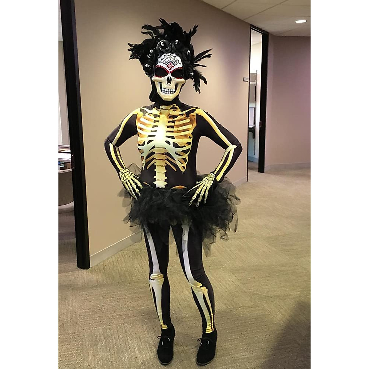 uideazone Halloween Costume for Women Golden Skeleton Skull Cosplay Jumpsuit Bodysuit Long Sleeve Skinny Outfits