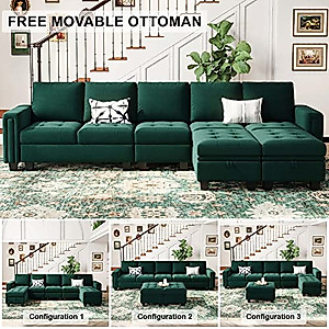 Belffin Large Velvet L Shaped Sectional Sofa Couch with Reversible Double Chaises Modular Sectional Sofa Couch with Storage Ottomans Convertible Sectional Sofa Green