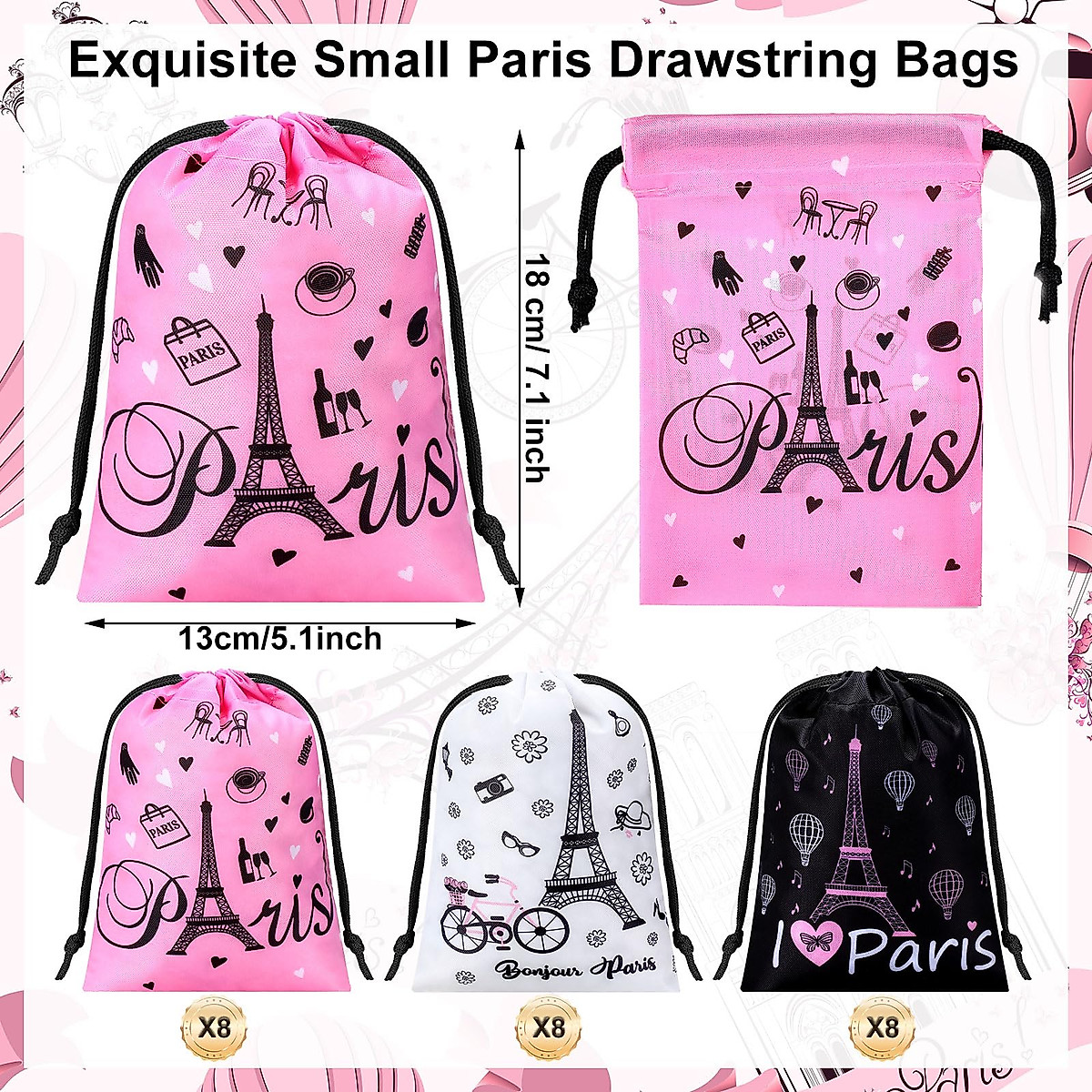 Cunno 24 Pcs Paris Party Favors Bags Small Eiffel Tower Gift Bags Bulk Paris Birthday Party Decorations Treat Bags for Girls Women Gym Valentine Birthday Tea Party Supplies